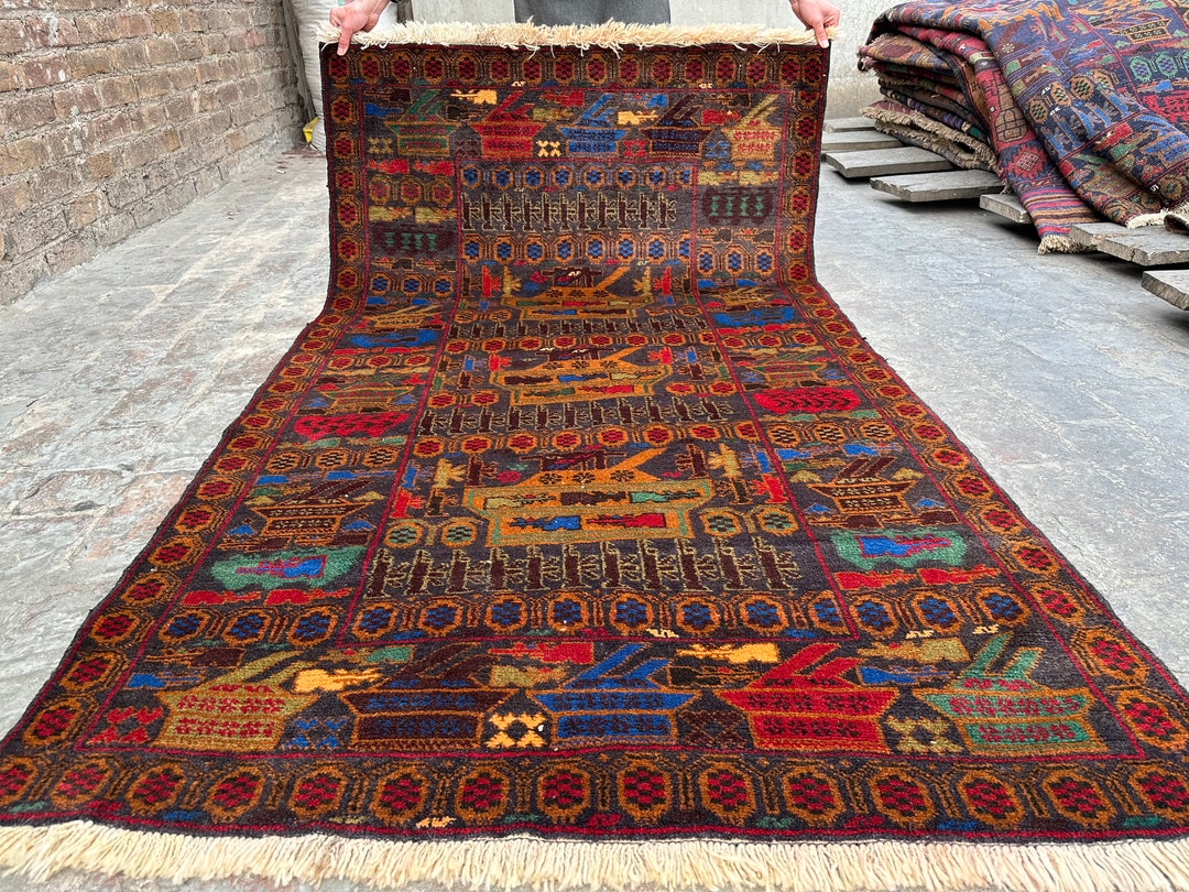 FREE SHIPPING, 3.8' X 6'4 Ft, Stunning Vintage Afghan Pictorial War Rug ...