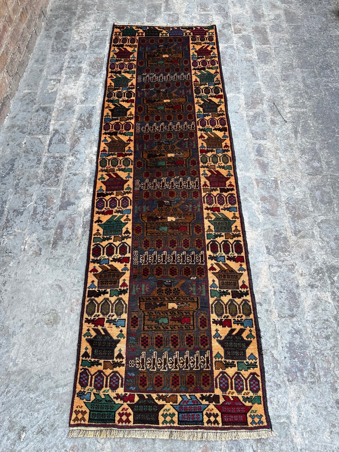 2.9 X 9.10 Ft, Vintage Afghan Pictorial Rug Runner, Nomadic Afghan Rug ...