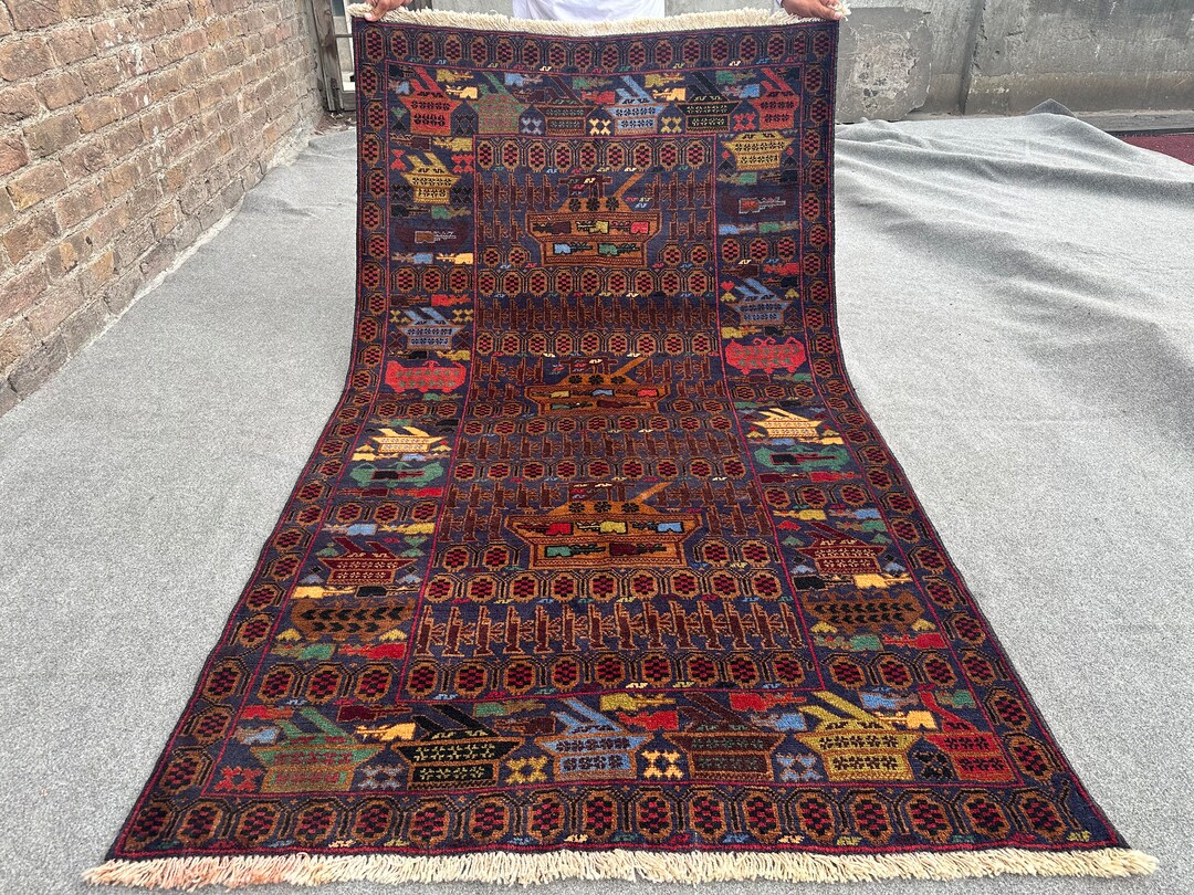 Stunning Vintage Afghan Pictorial War Rug 3.8 X 6'8 Ft/ Nomadic Afghan ...