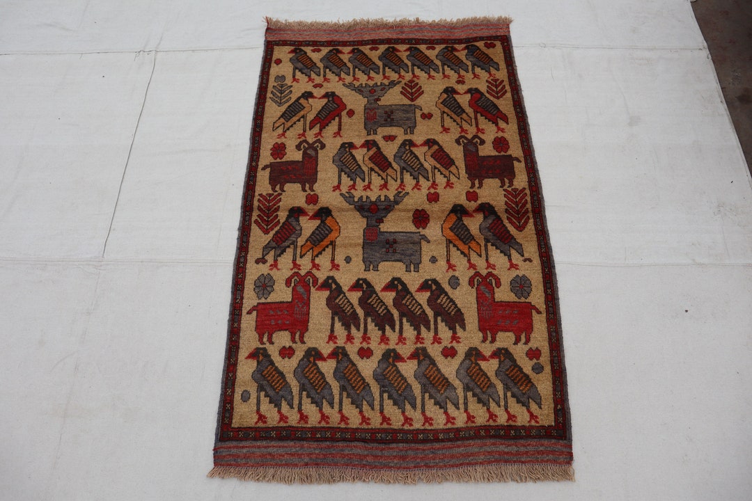 Free Shipping,stunning Vintage Afghan Pictorial Hunting Rug 3.2 X 5.2 ...
