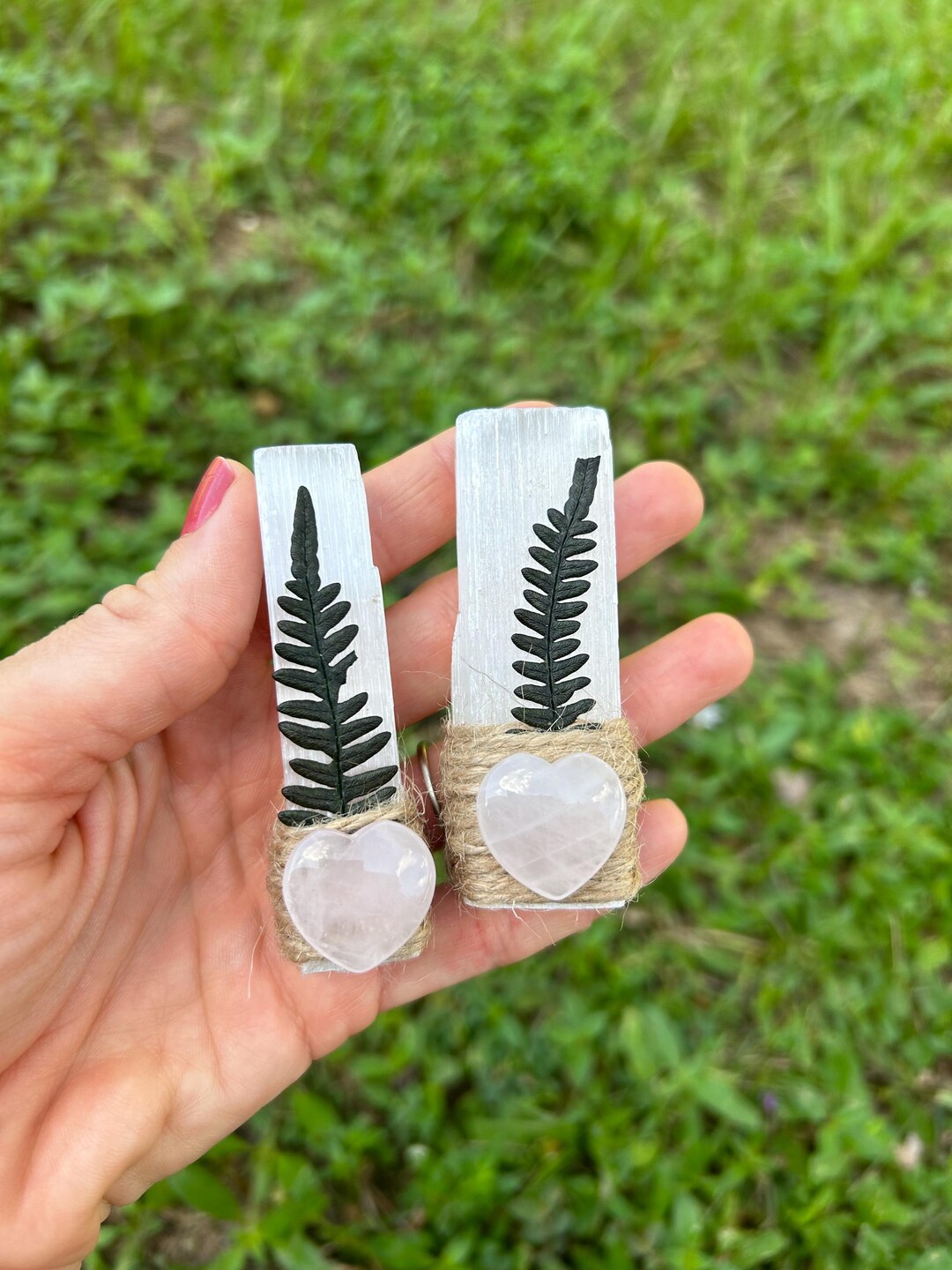 Selenite Wand W/ Dried Fern & Rose Quartz Crystal Heart - Etsy