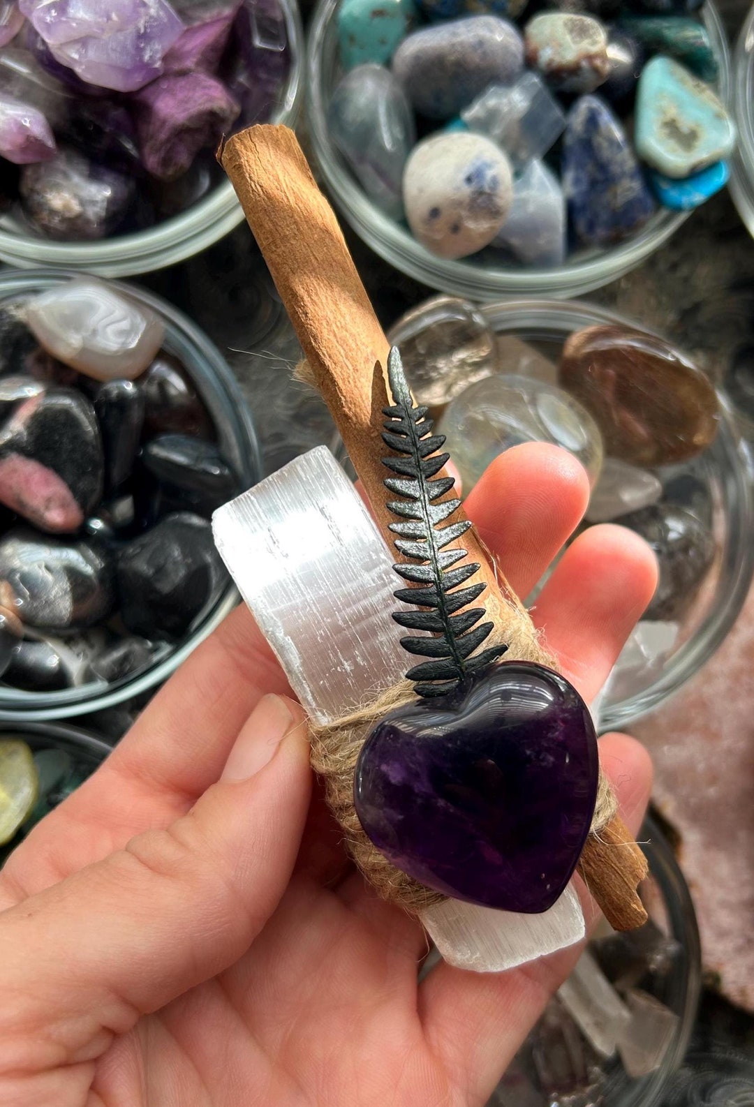 Selenite Wand W/ Dried Fern, Cinnamon & Amethyst Crystal Heart - Etsy