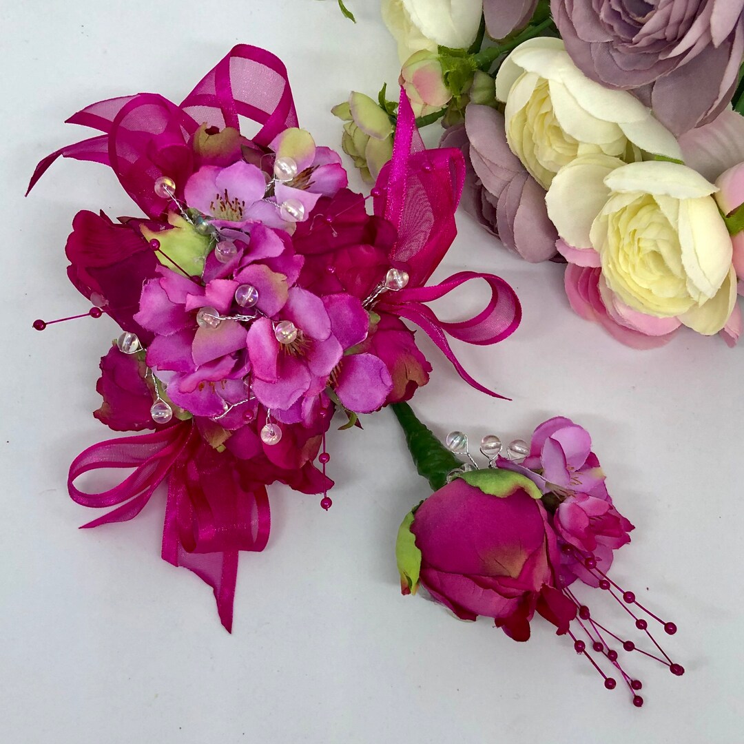 Corsage, Formal Corsage, Corsage Set, Hot Pink Formal Corsage, Wrist ...