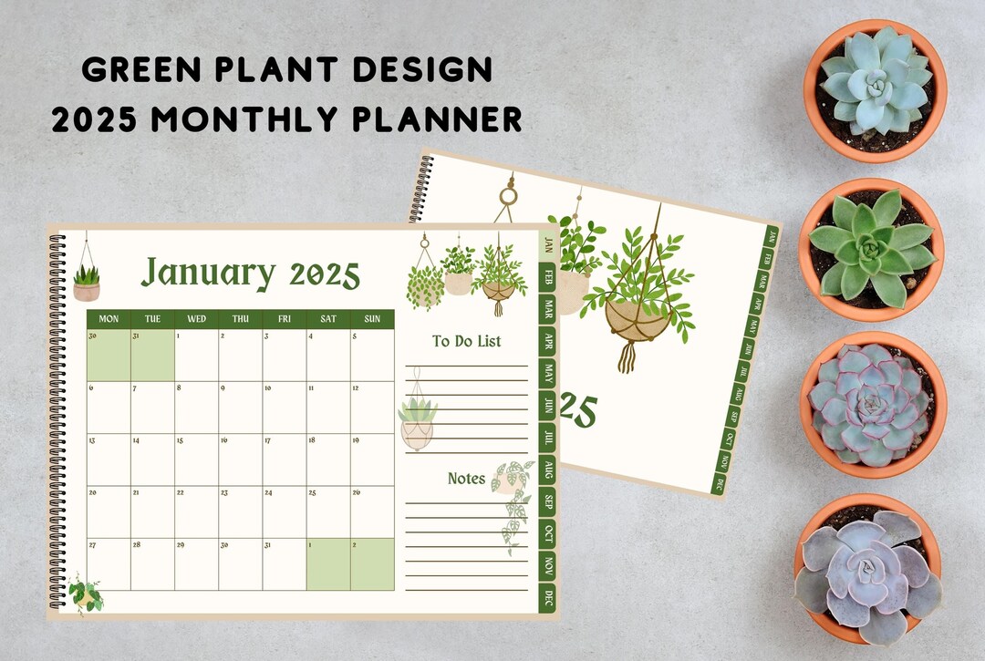 Green Monthly Planner 2025 Featuring a Plant Design - Etsy