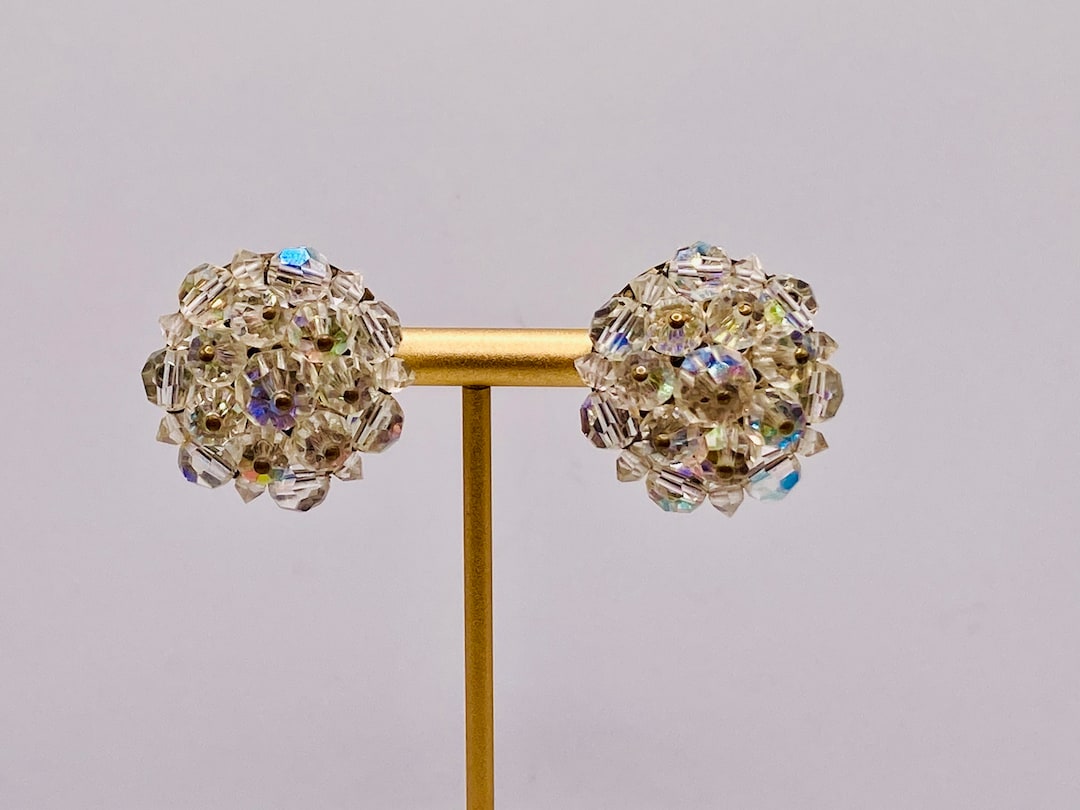 Vintage Beaded Round Cluster Earrings, Aurora Borealis Clip on Earrings ...
