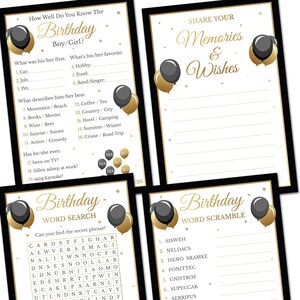 PRINTED Cards Birthday Party Games Set of 4 Activities for 30 Guests ...