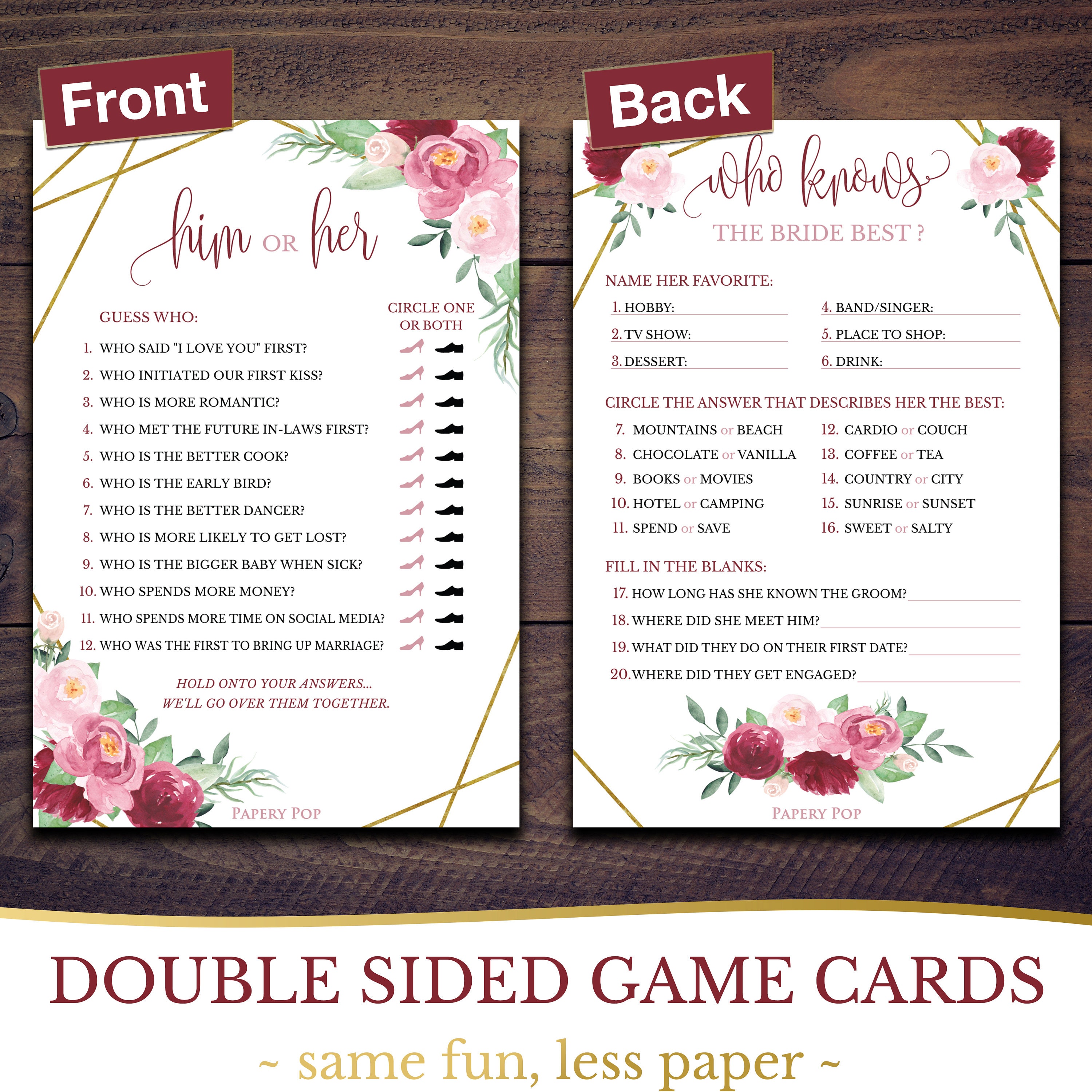 PRINTED Cards Bridal Shower Games Set of 5 Activities for - Etsy