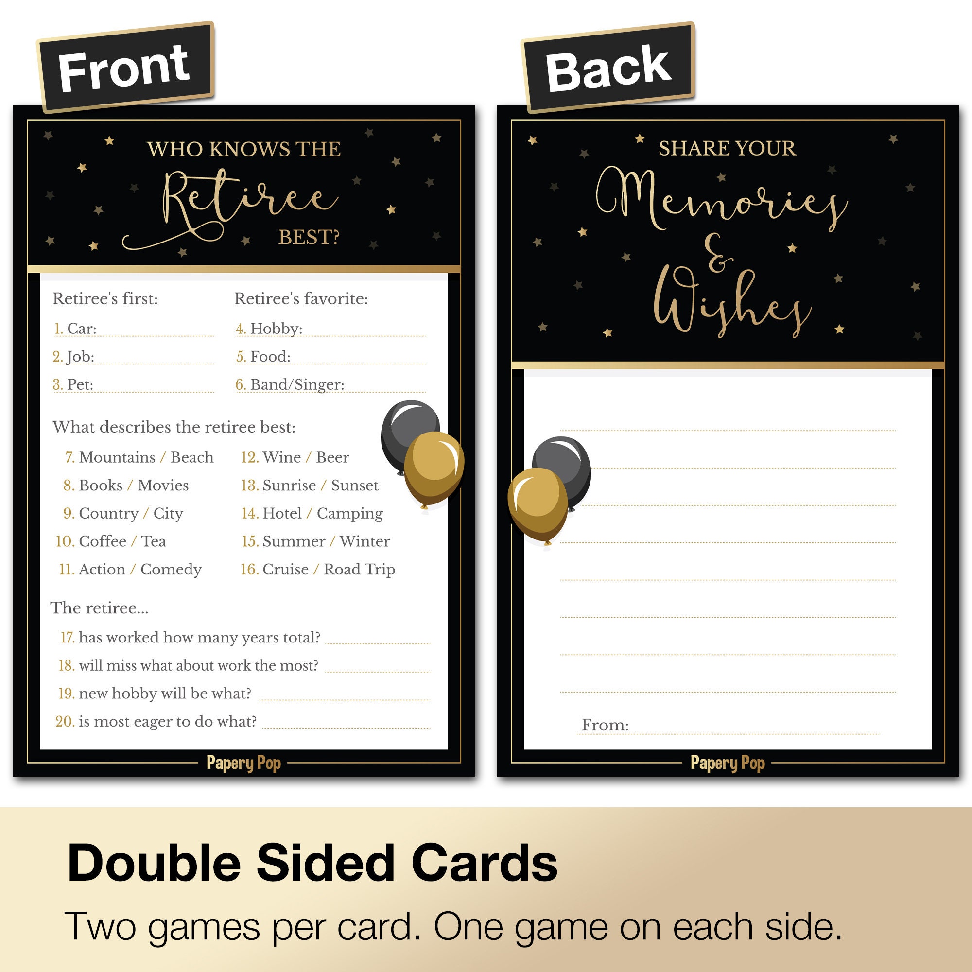 PRINTED Cards Retirement Party Games Set of 4 Activities for 30 Guests ...