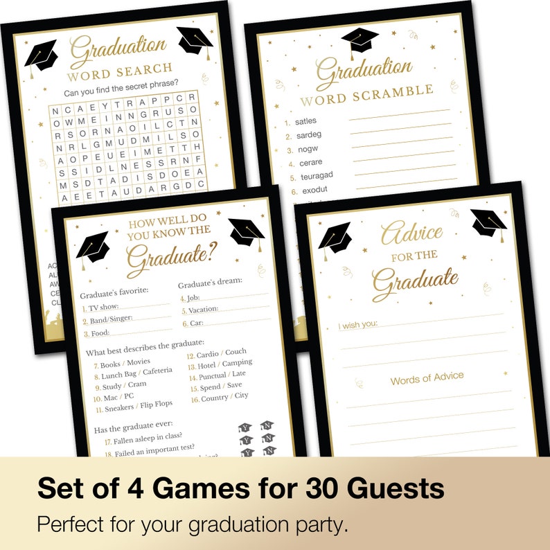 PRINTED Cards - Graduation Party Games - Set of 4 Activities for 30 ...