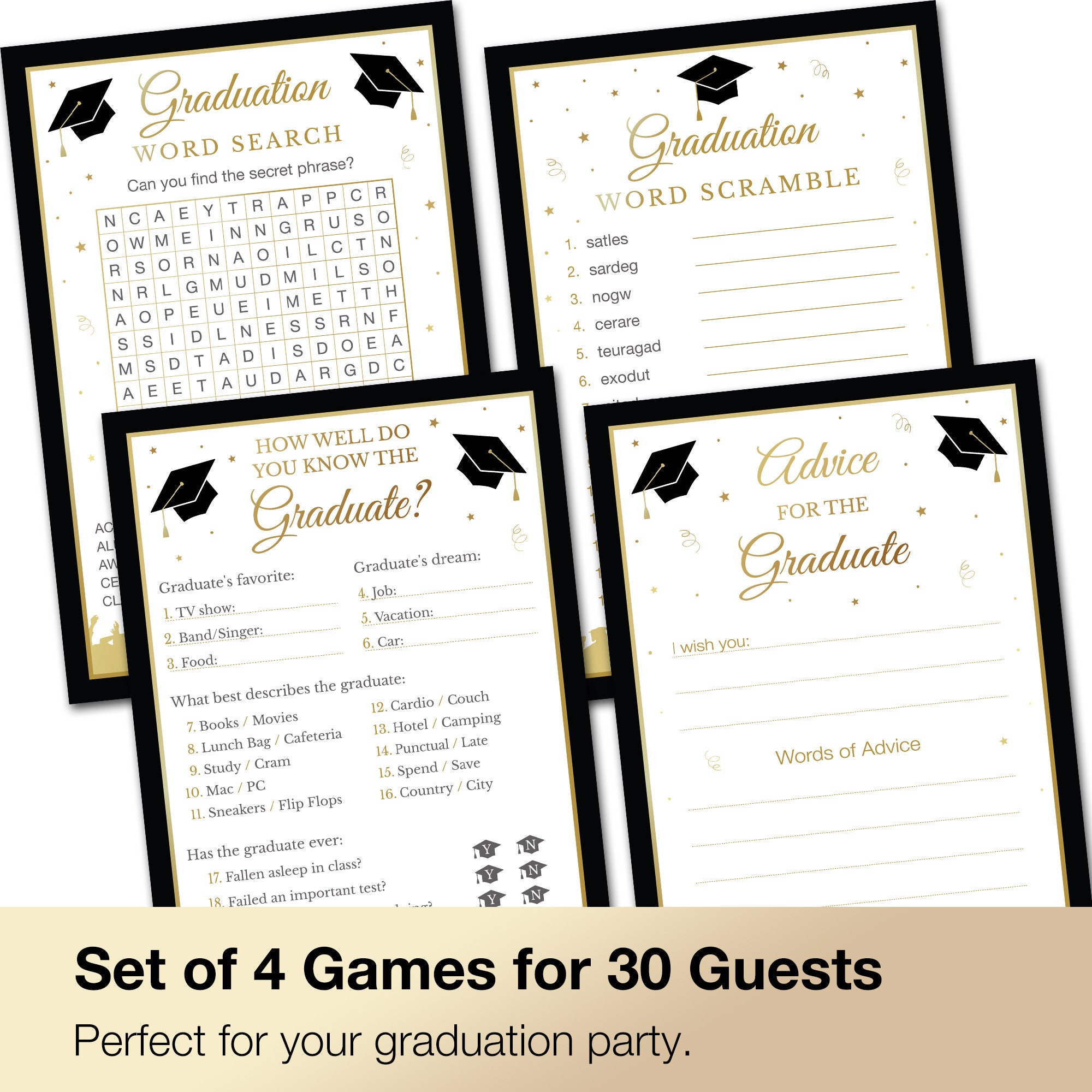 PRINTED Cards - Graduation Party Games - Set of 4 Activities for 30 ...