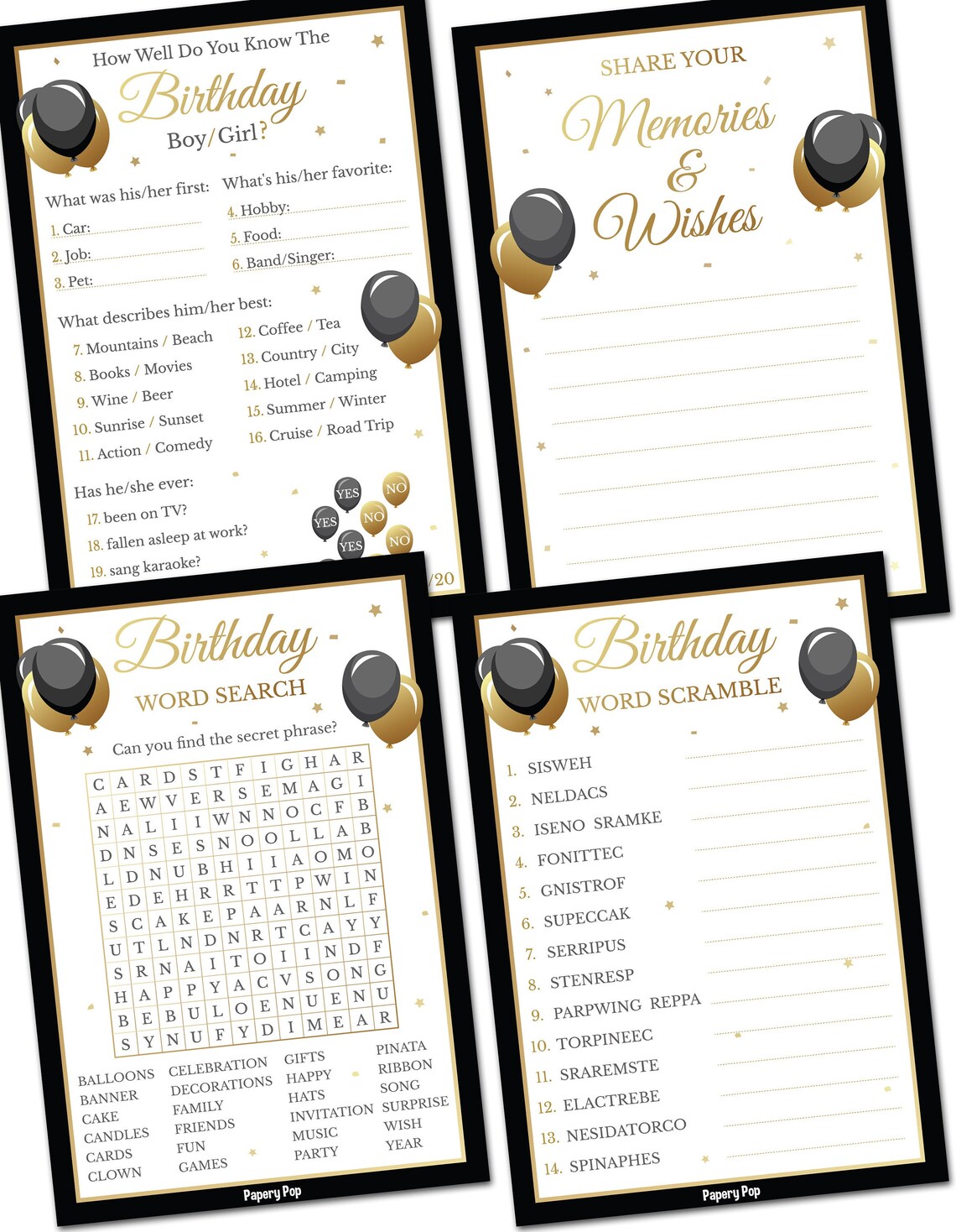 PRINTED Cards Birthday Party Games Set of 4 Activities for - Etsy