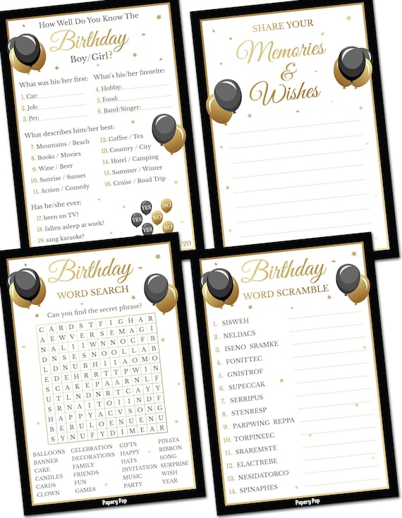 PRINTED Cards Birthday Party Games Set of 4 Activities for - Etsy