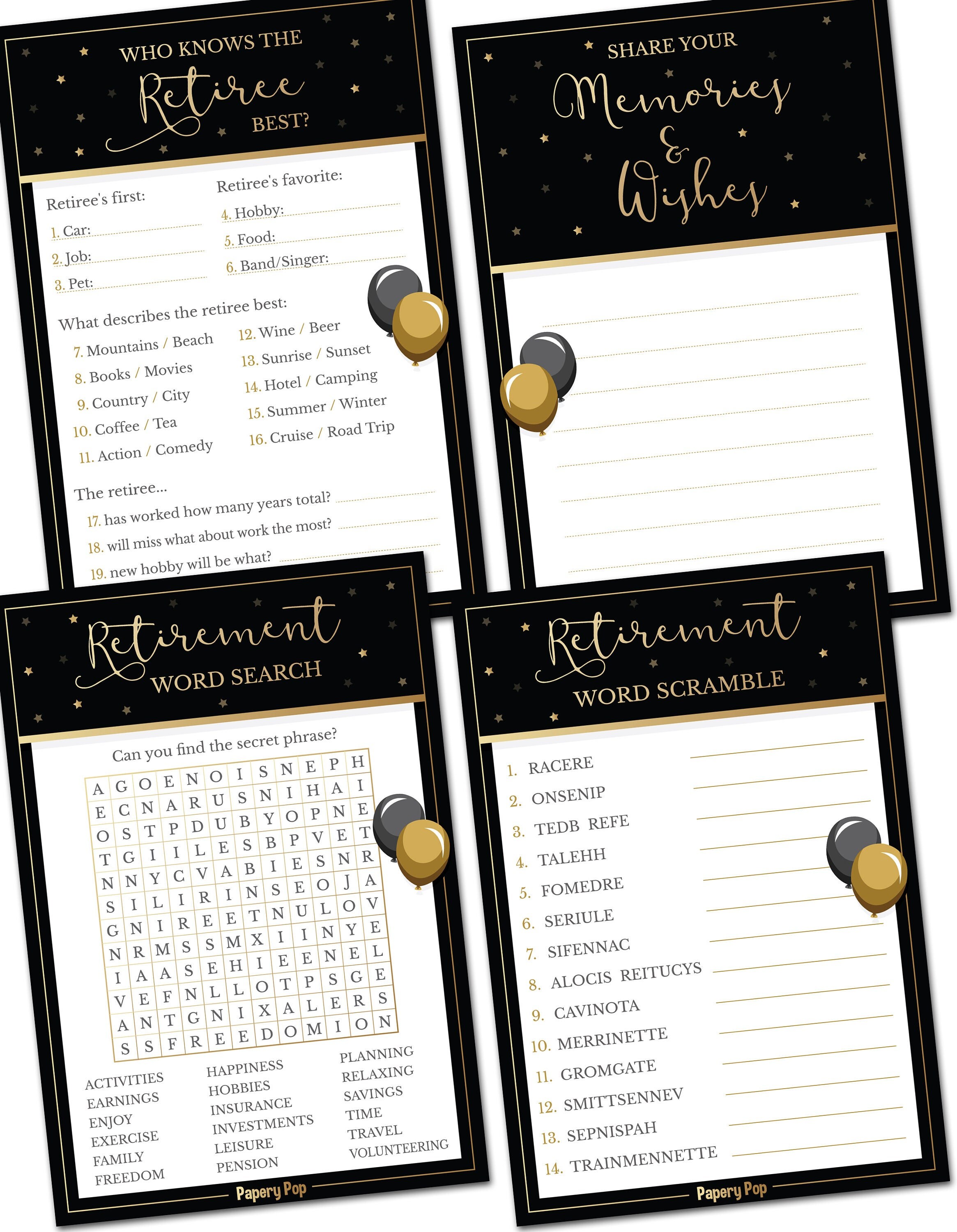 PRINTED Cards Retirement Party Games Set of 4 Activities for 30 Guests ...