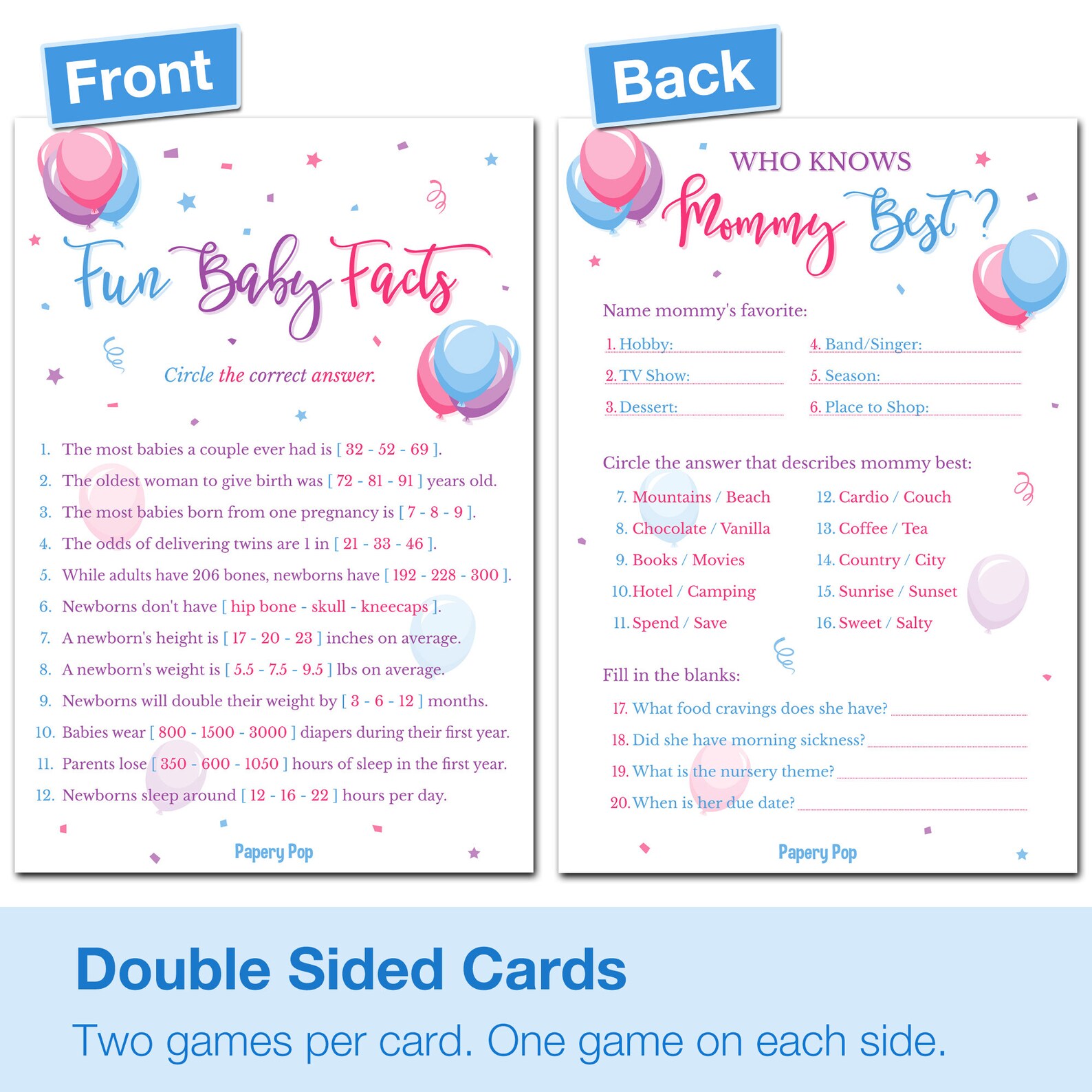 PRINTED Cards Gender Reveal Party Games Set of 4 - Etsy