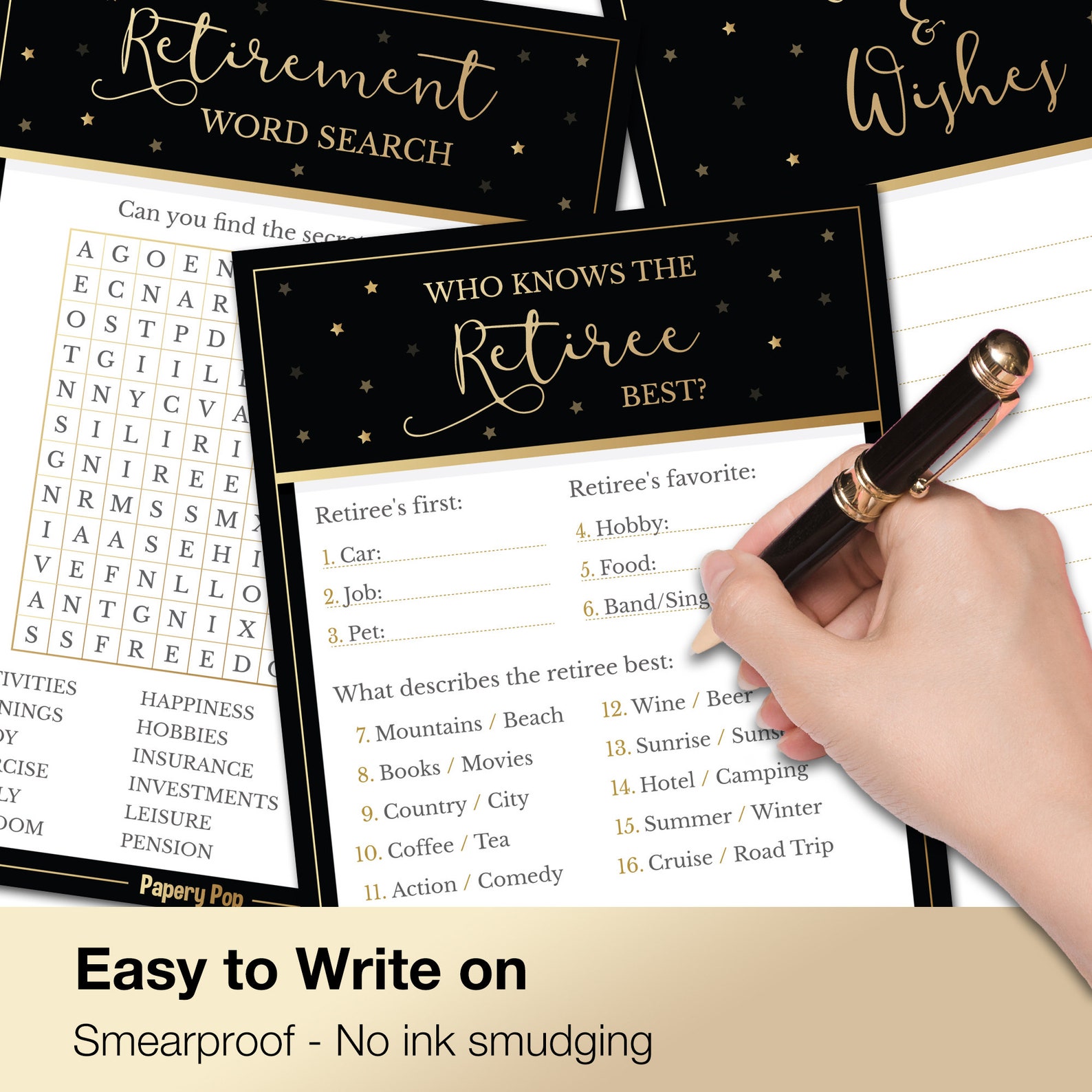 PRINTED Cards Retirement Party Games Set of 4 Activities for 30 Guests ...