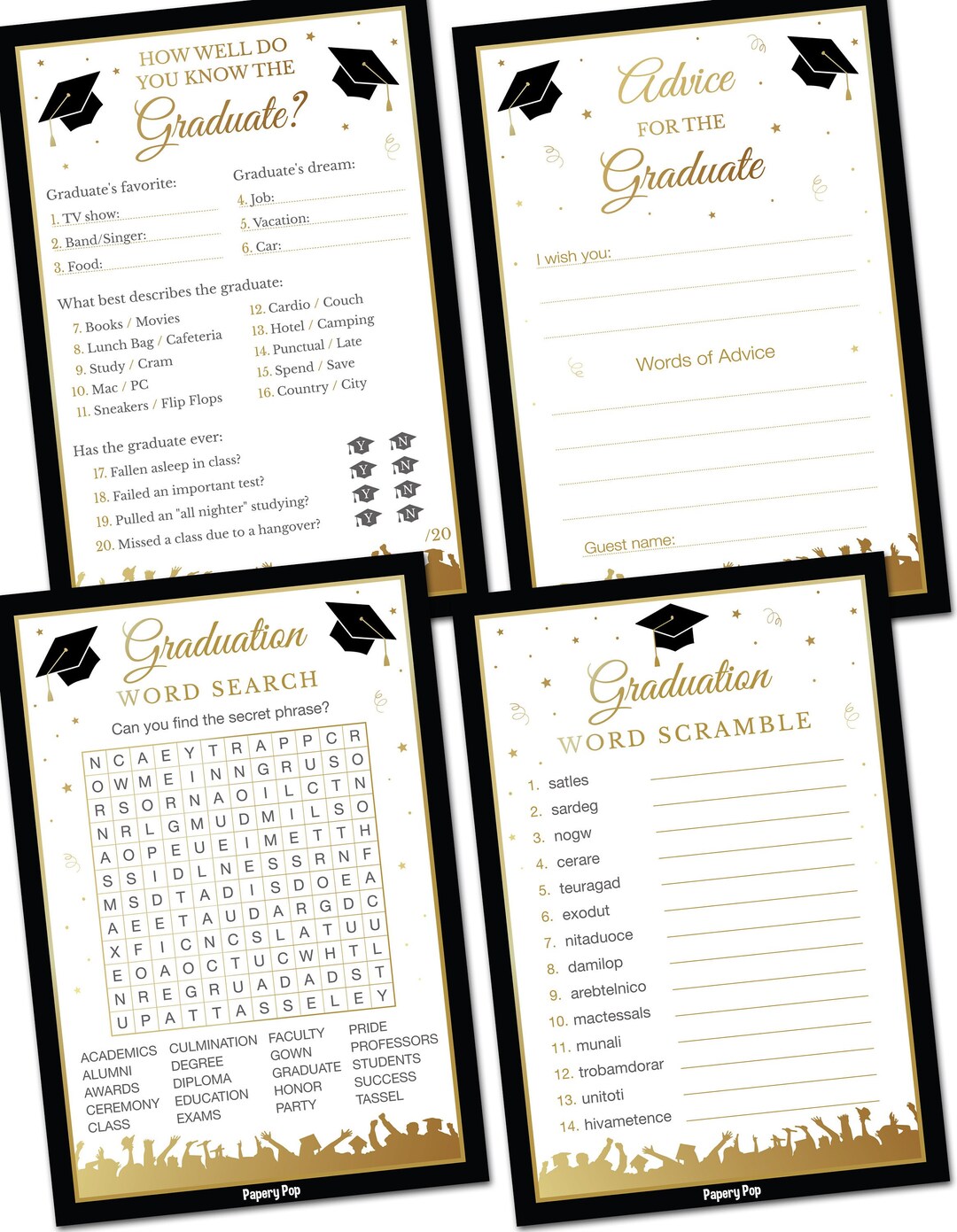 PRINTED Cards Graduation Party Games Set of 4 Activities for 30 Guests ...