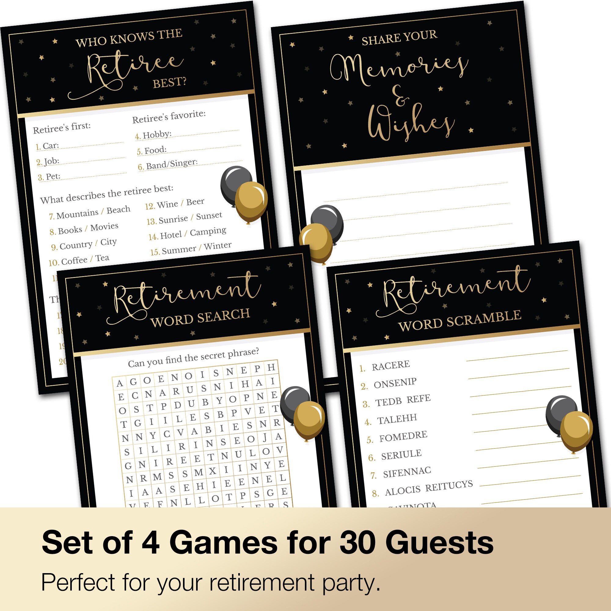 PRINTED Cards Retirement Party Games Set of 4 Activities for 30 Guests ...