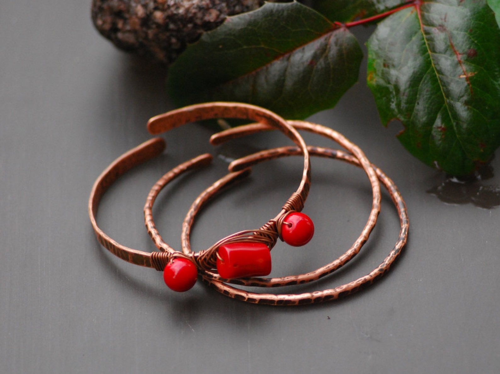 Red Bangle Bracelets Set of 3 Pieces Copper Bangle Bracelets - Etsy