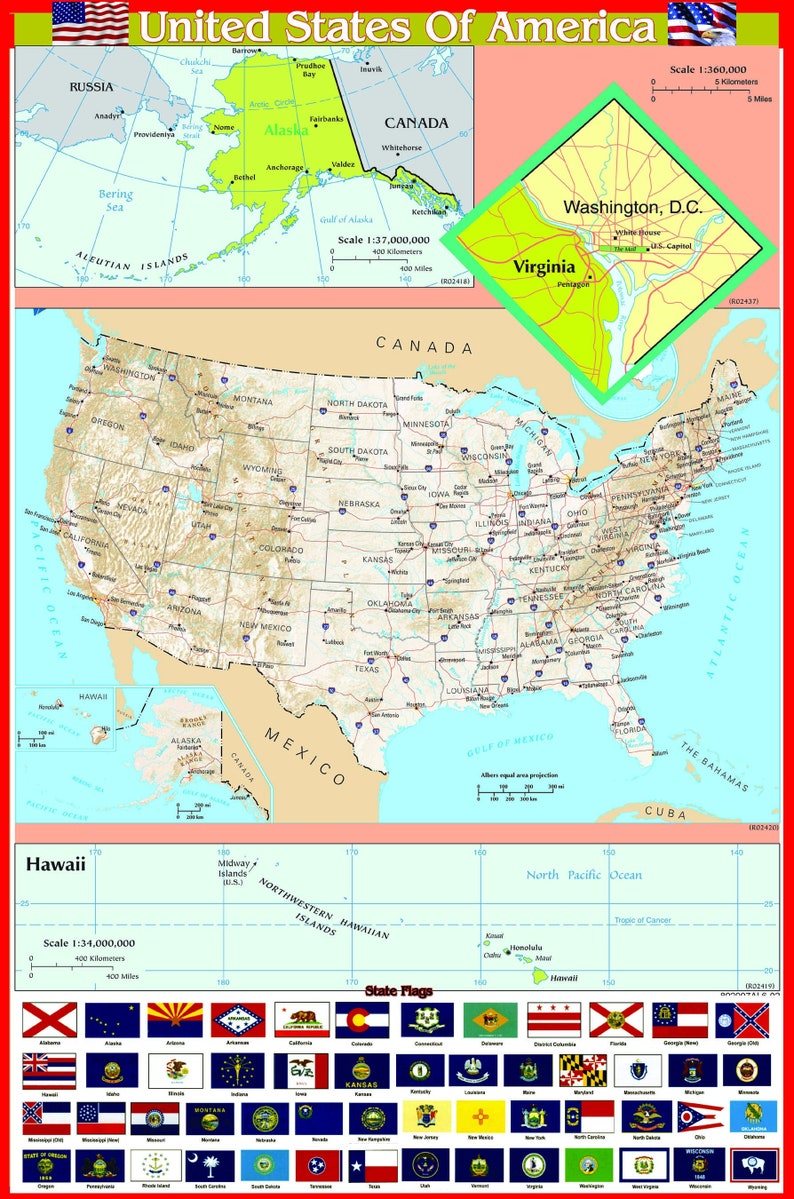 USA America Map A2 Size Laminated Learning Educational Poster Wall ...