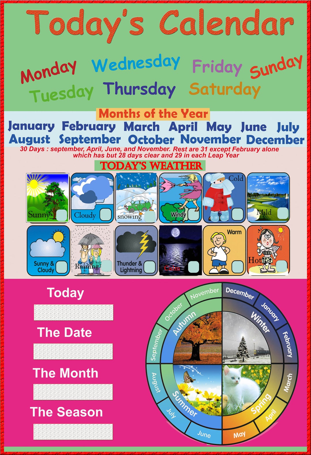 Laminated TODAYS CALANDAR Learning Kids Educational School Type Poster ...