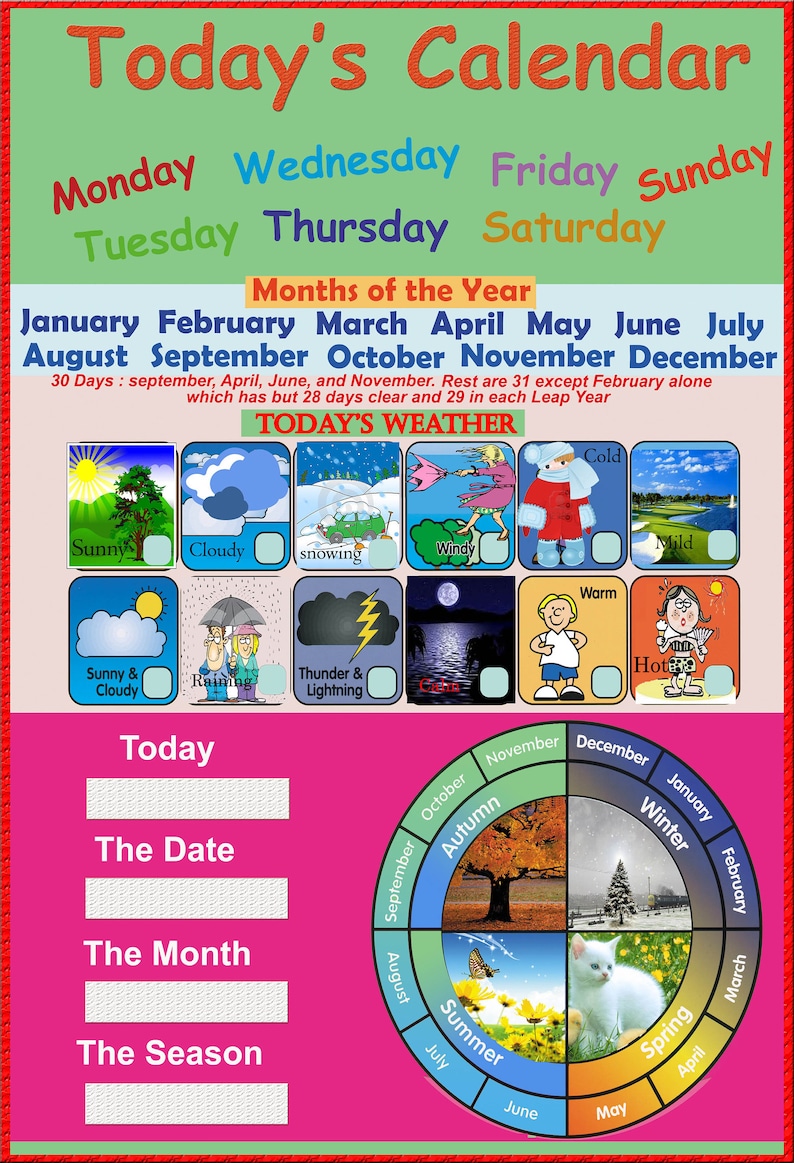 Laminated TODAYS CALANDAR Learning Kids Educational School Type Poster ...