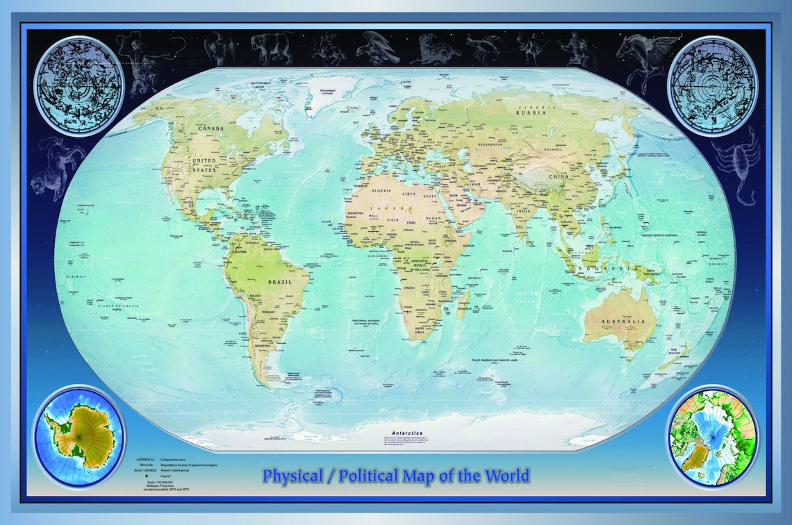 Laminated Physical World Map Political Atlas Educational School Type ...