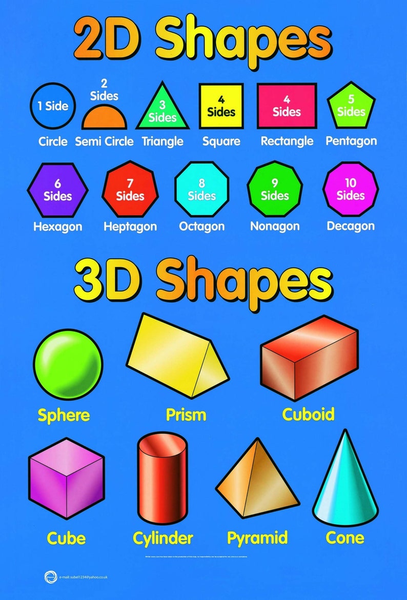 A4 Laminated 2D 3D Shapes Math's Children Kids Nursery Learning ...