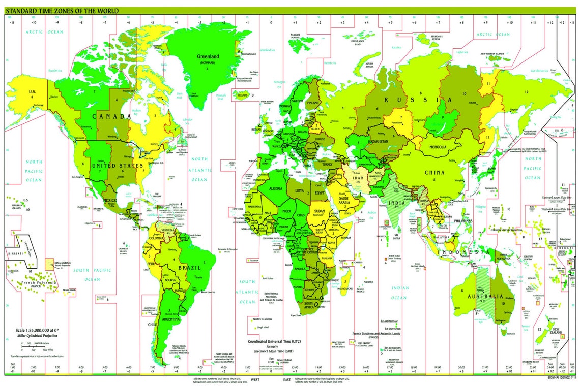 Laminated World Map Standard Time Zone Political Atlas Educational ...