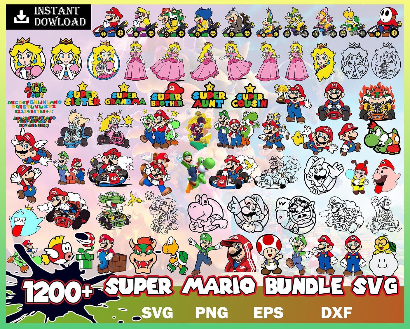 1200 Super Mario Bundle Super Mario PNG and Font, Super Mario, Super ...