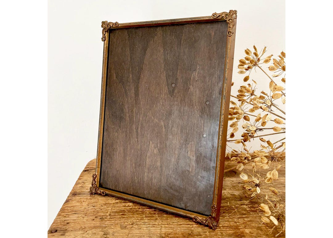 Antique Rectangular Gold Metal Picture Frame Ornate Corners and Dark ...