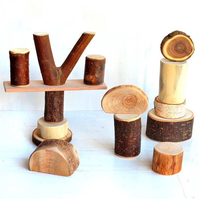 Wood toy 15 natural tree building blocks Wooden blocks Wood | Etsy