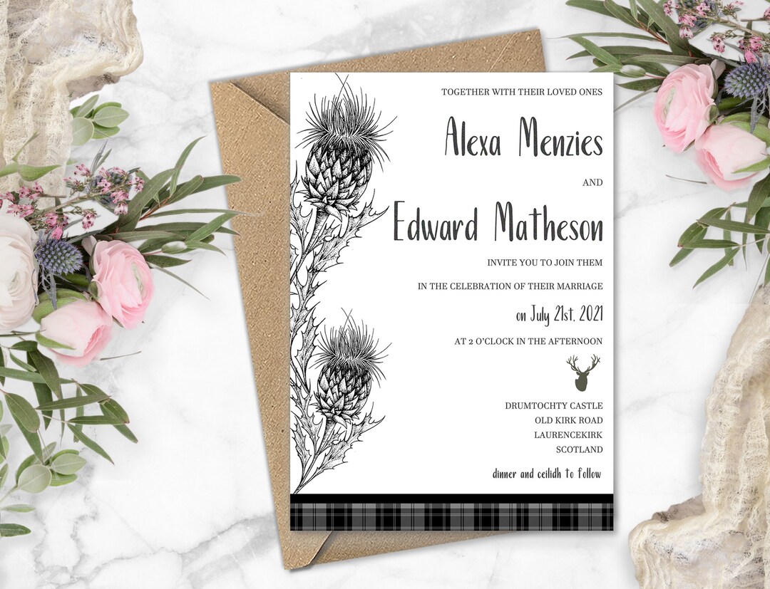 Scottish Wedding Invitations Black and White Thistle Wedding Invitation ...