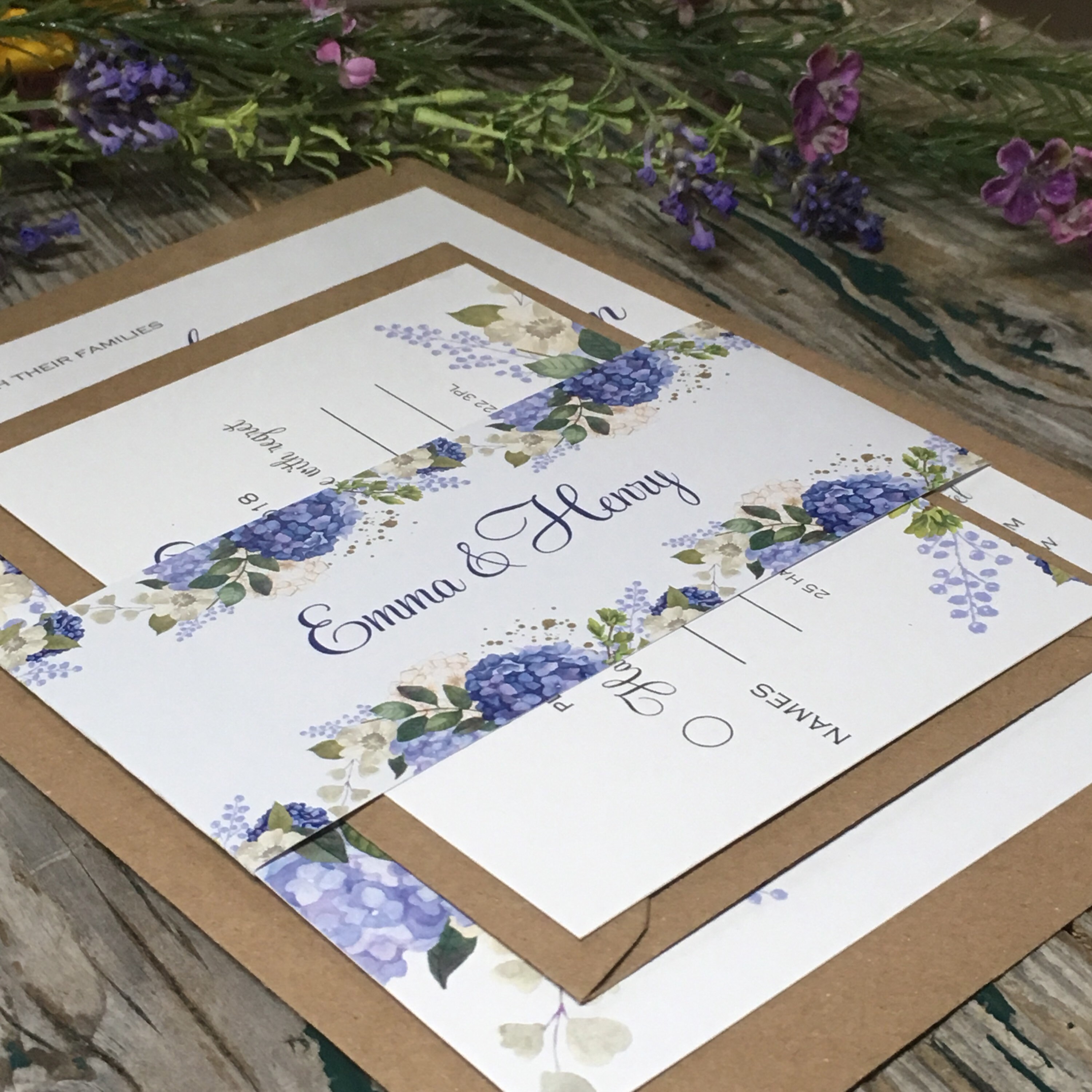 Hydrangea Wedding invitations floral blue and cream wedding | Etsy