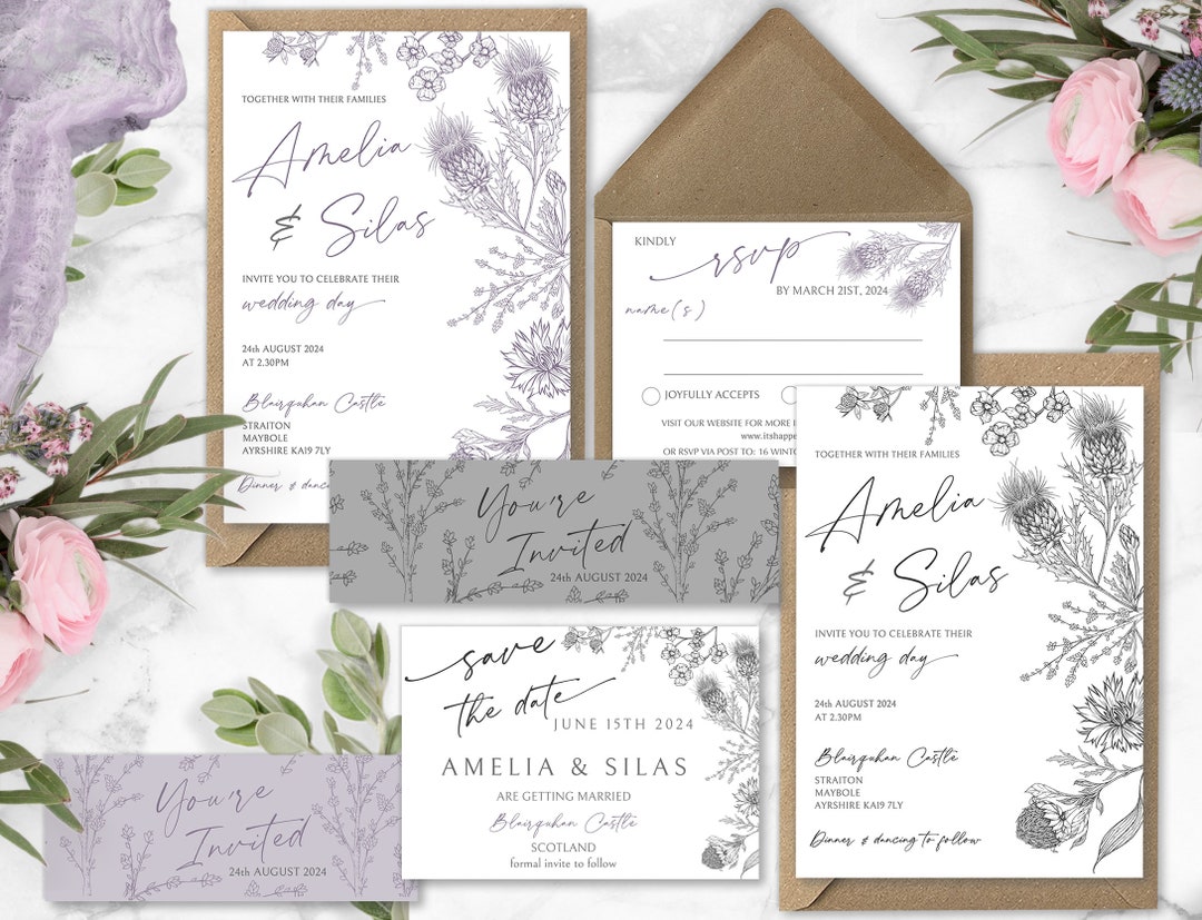 Modern Scottish Thistle Wedding Invitation Black and Wedding - Etsy