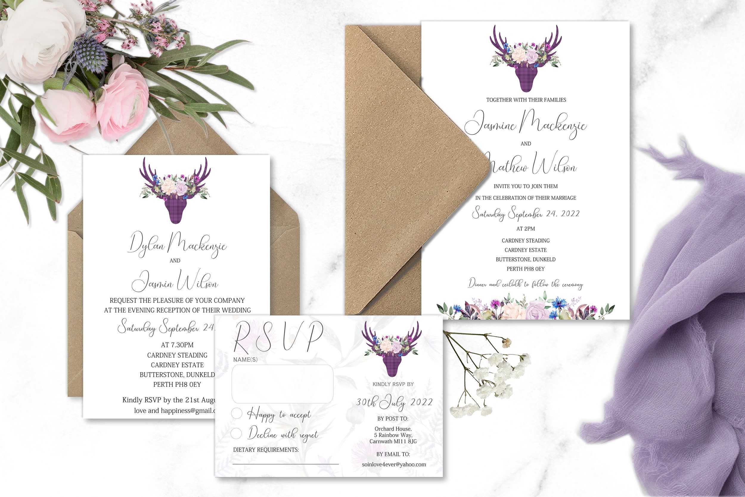 Tartan Stag Wedding Invitation, Scottish Wedding Invitations, Tartan ...