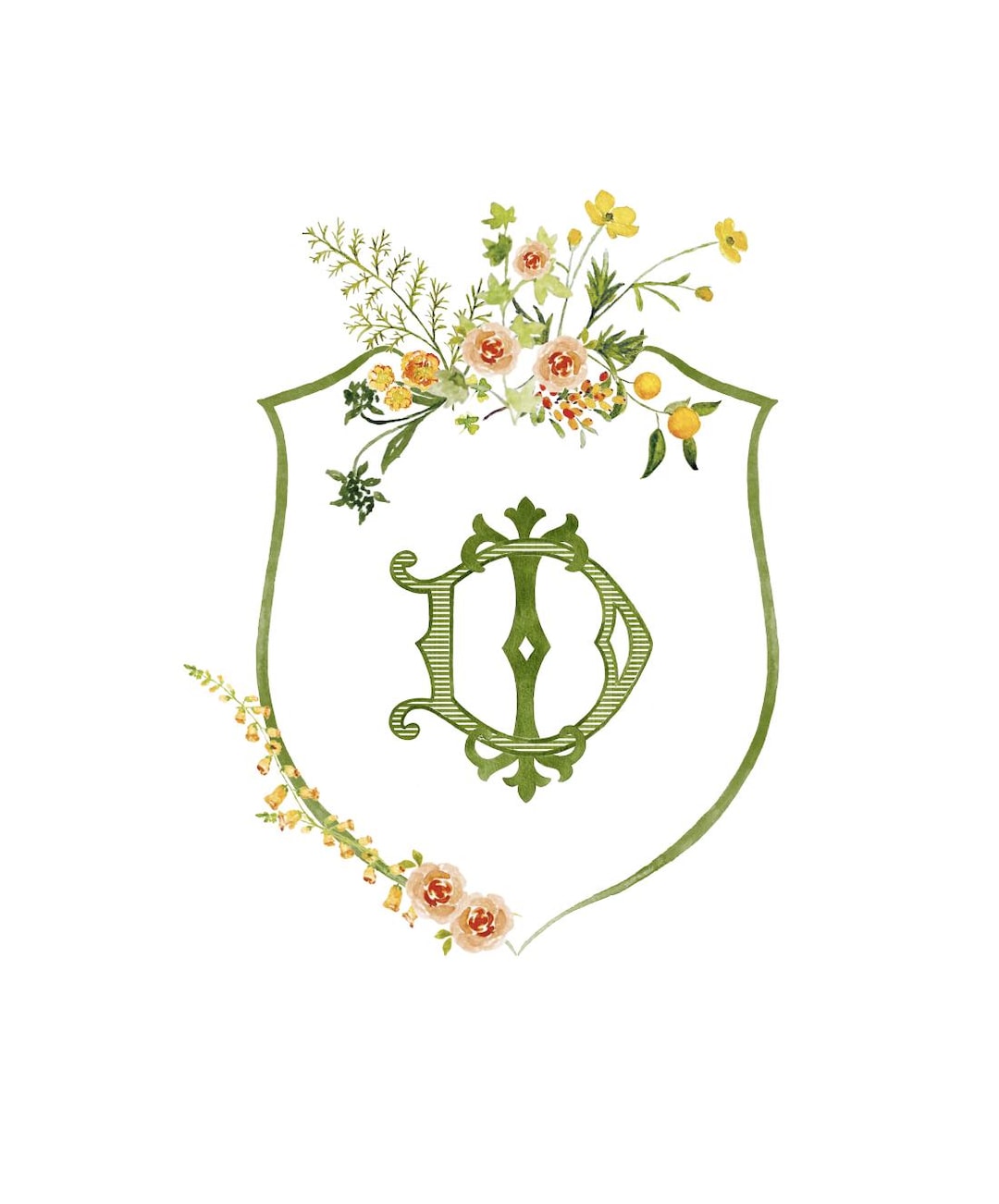 Orange and Yellow Flowers Watercolor Crest, Wild Flowers Crest With ...