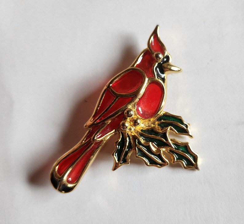 Brooch Red Enamel Cardinal on Holly Branch - Etsy