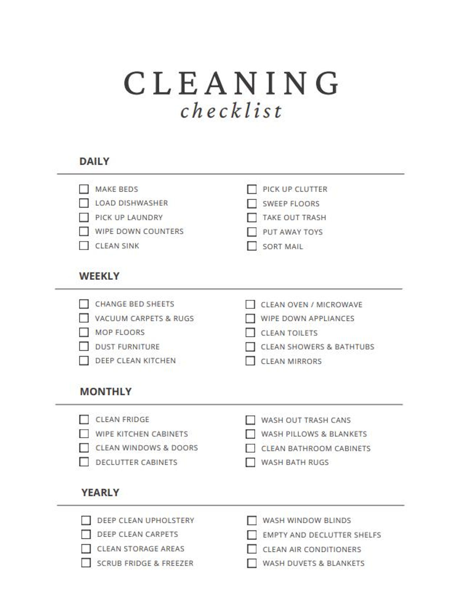 Cleaning Check List Weekly, Monthly, Yearly - Etsy