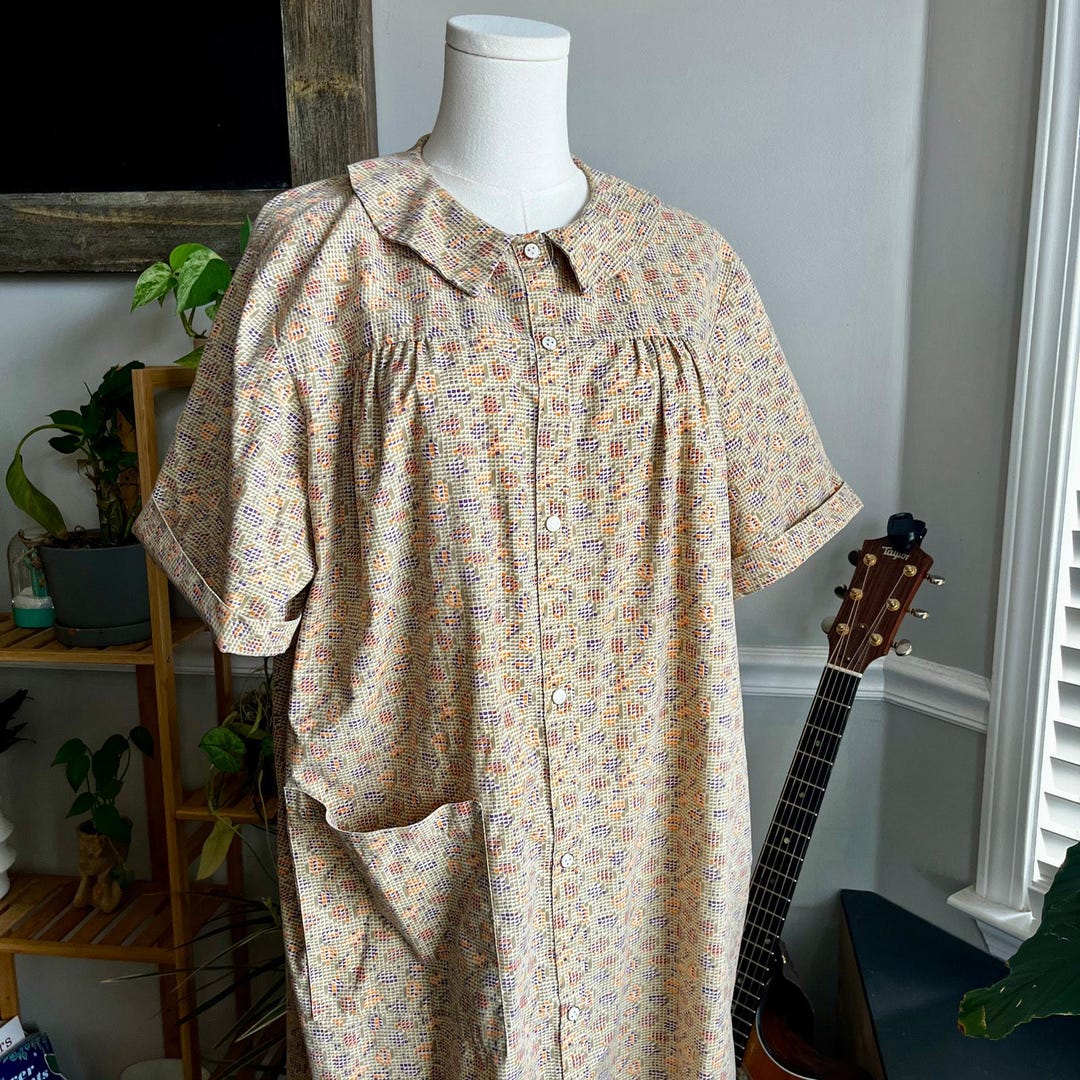 Vintage 50s 60s Sears Geometric Button Front House Dress Robe Muumuu ...