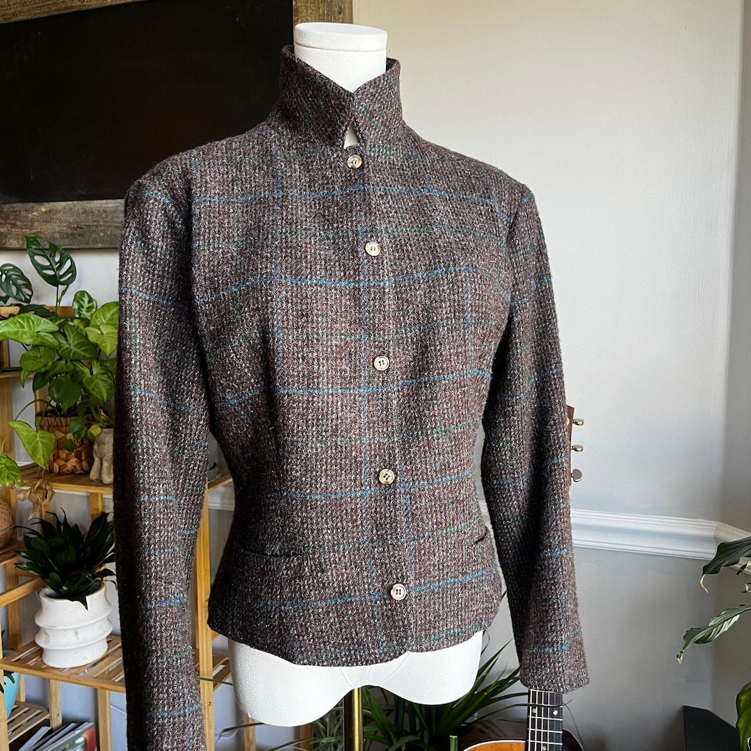 Vintage 60s Handwoven Irish Wool Brown Plaid Fisherman Jacket Size ...