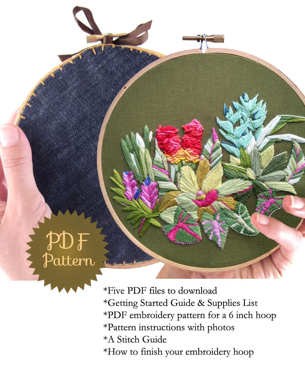 Hawaii Embroidery - Colorful Embroidery Design - Tropical Leaves and ...