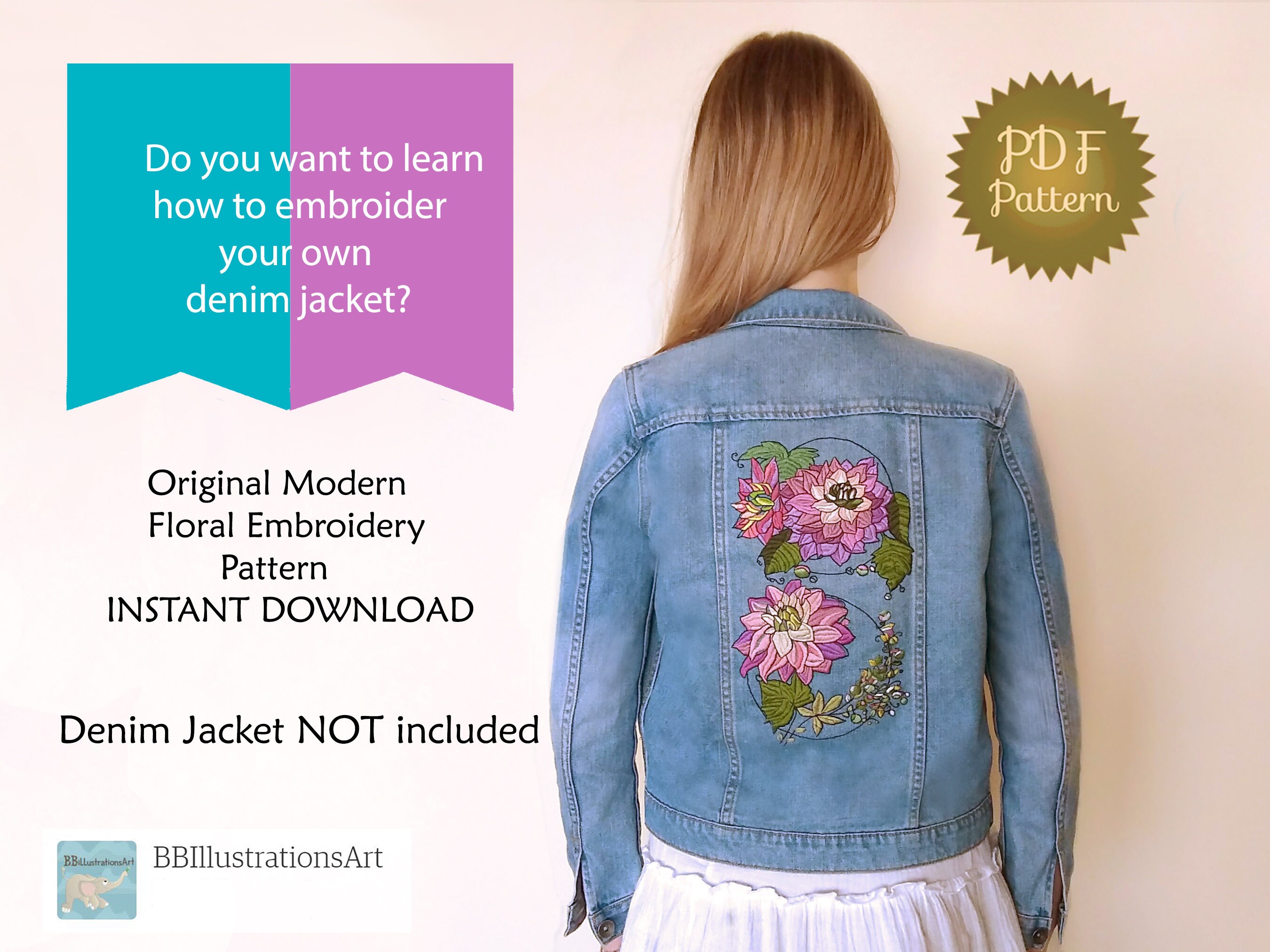 Instant Download Pdf Pattern for a Hand Embroidered Floral Denim Jacket ...