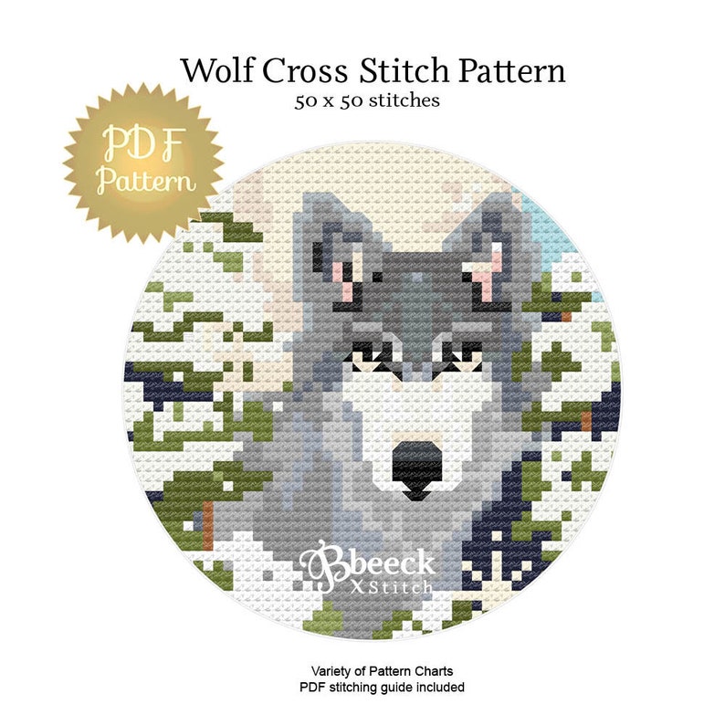 Arctic Wolf Cross Stitch Pattern Embroidery, Wildlife Winter Art Design ...