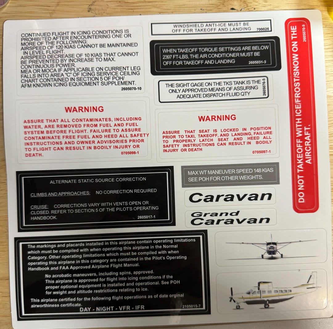 Cessna Grand Caravan 208B 208 C208 C208B Panel Placard Labels Warning ...