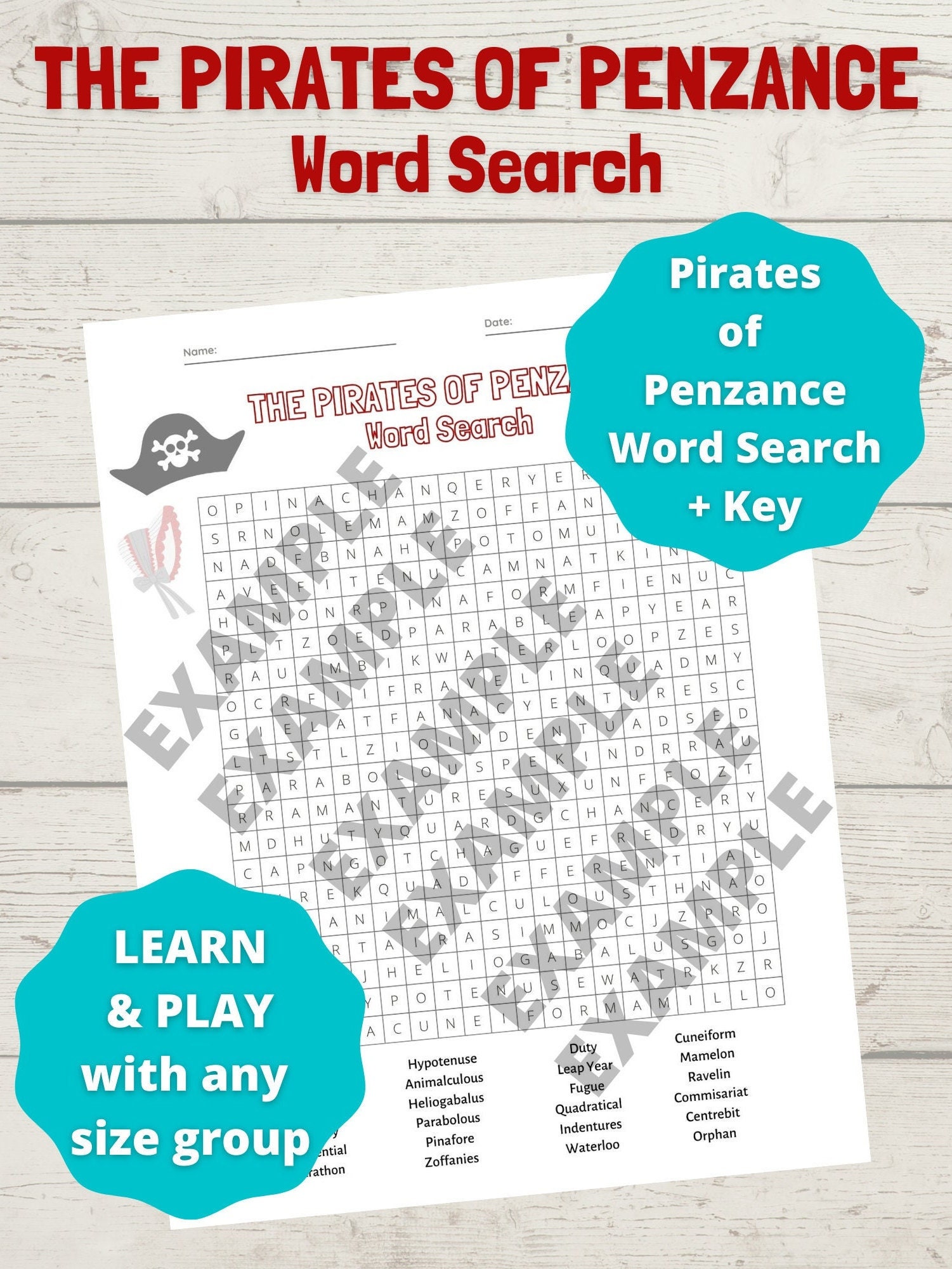 Pirates of Penzance Word Search and Glossary of Terms, DIGITAL Download ...