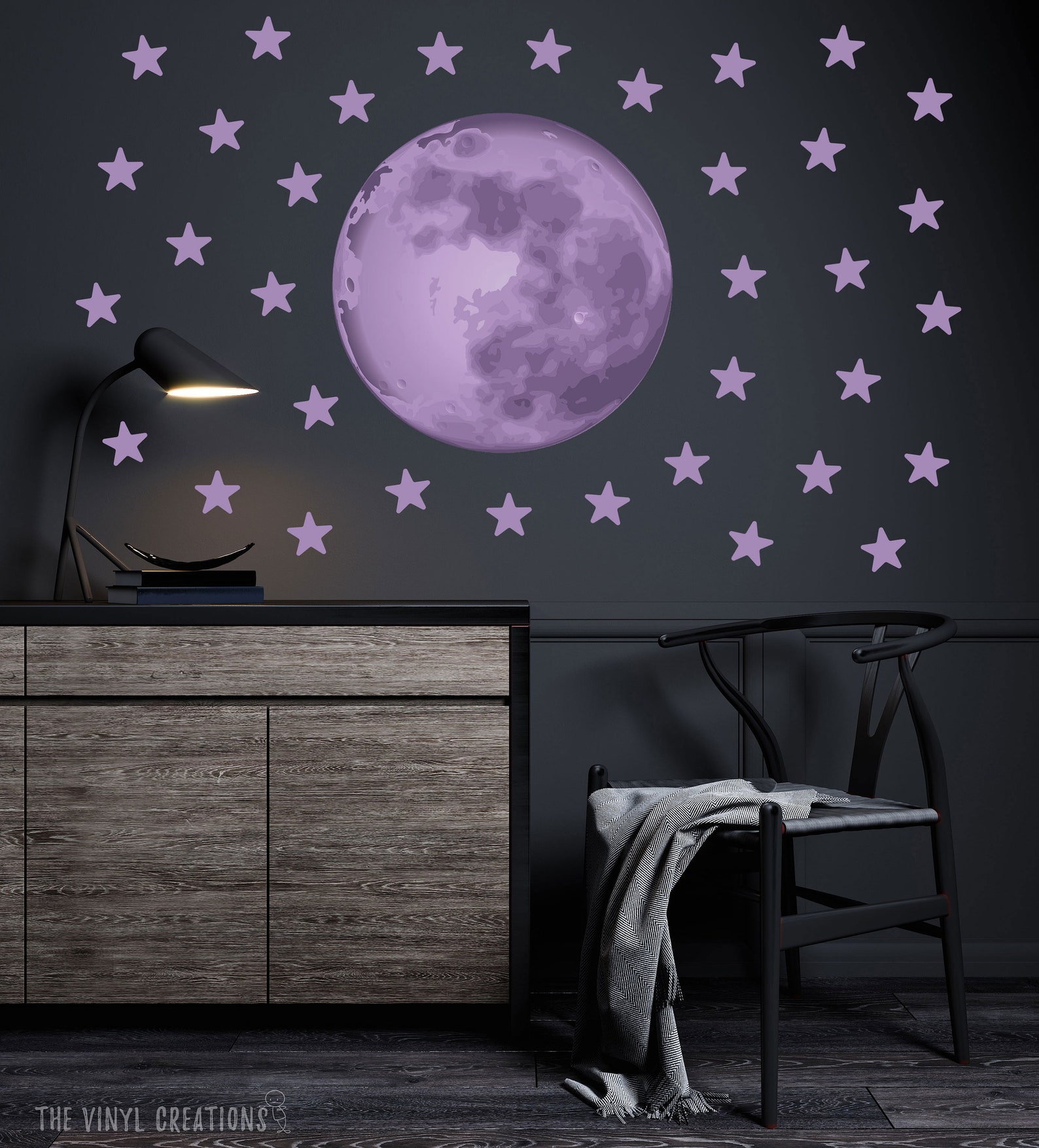 Purple Moon and Stars Watercolor Decal , Removable Moon Wall Sticker ...