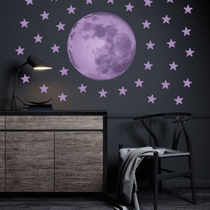 Purple Moon and Stars Watercolor Decal , Removable Moon Wall Sticker ...