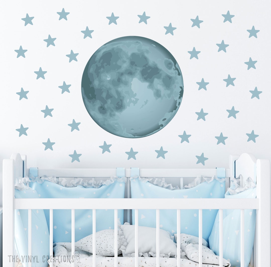Realistic Watercolor Blue Moon and Stars Wall Sticker , Removable Space ...