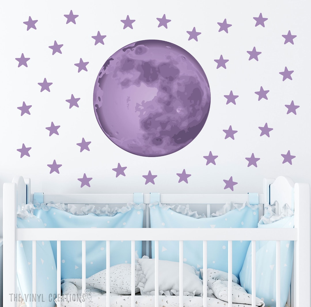 Purple Moon and Stars Watercolor Decal , Removable Moon Wall Sticker ...