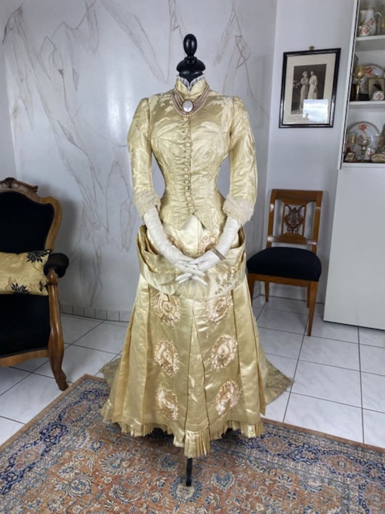 1879 A.M. Vail Antique Wedding Dress, Damask Floral Gown, Victorian ...